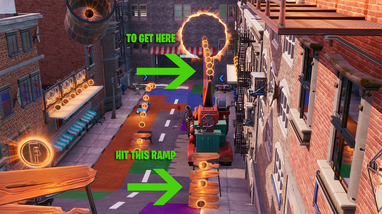 Fortnite Jump Through All 6 Flaming Hoops in Downtown Drop | Attack of ...